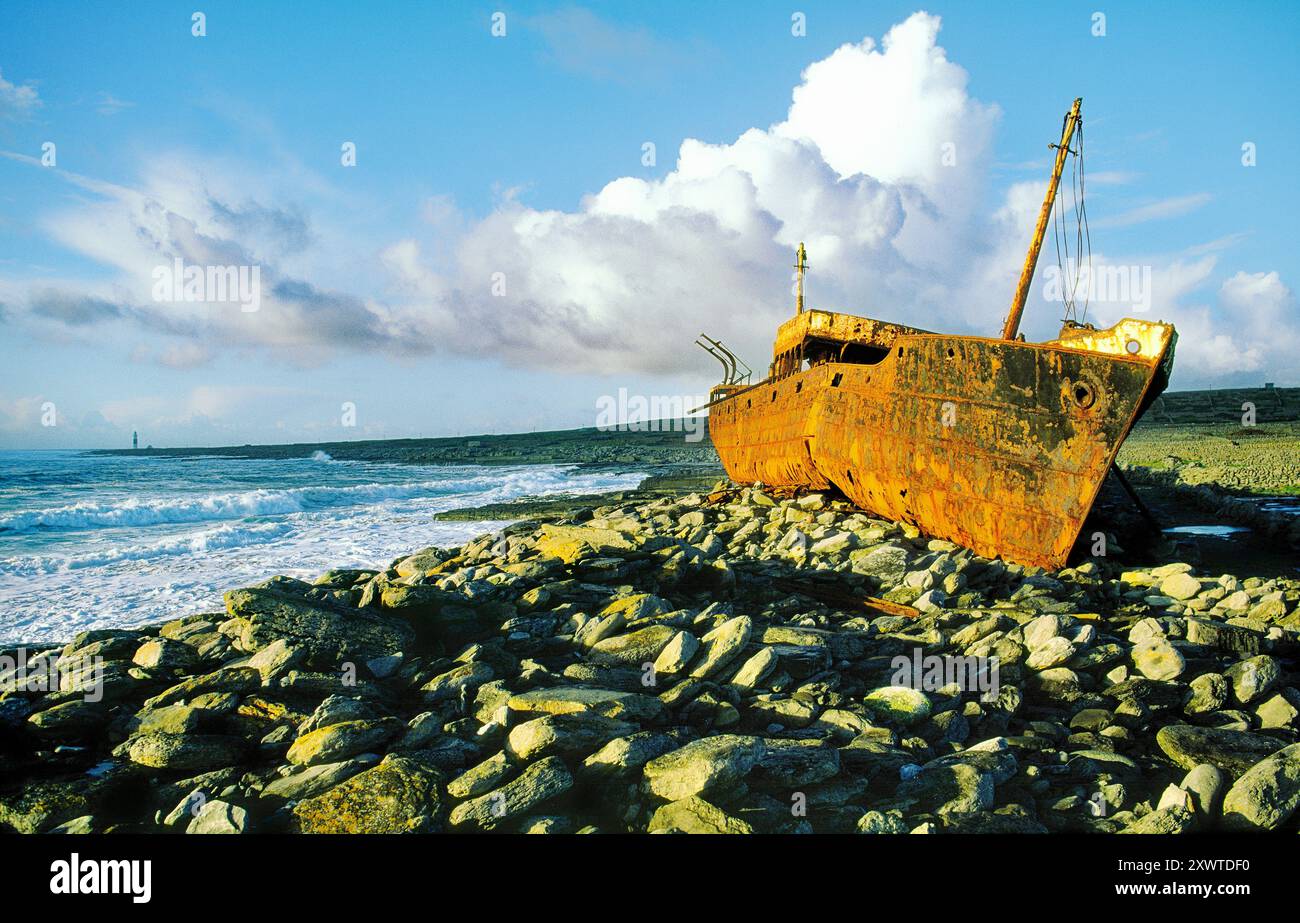 The wreck of the freighter Plessey high on the rocky shore of Inisheer ...