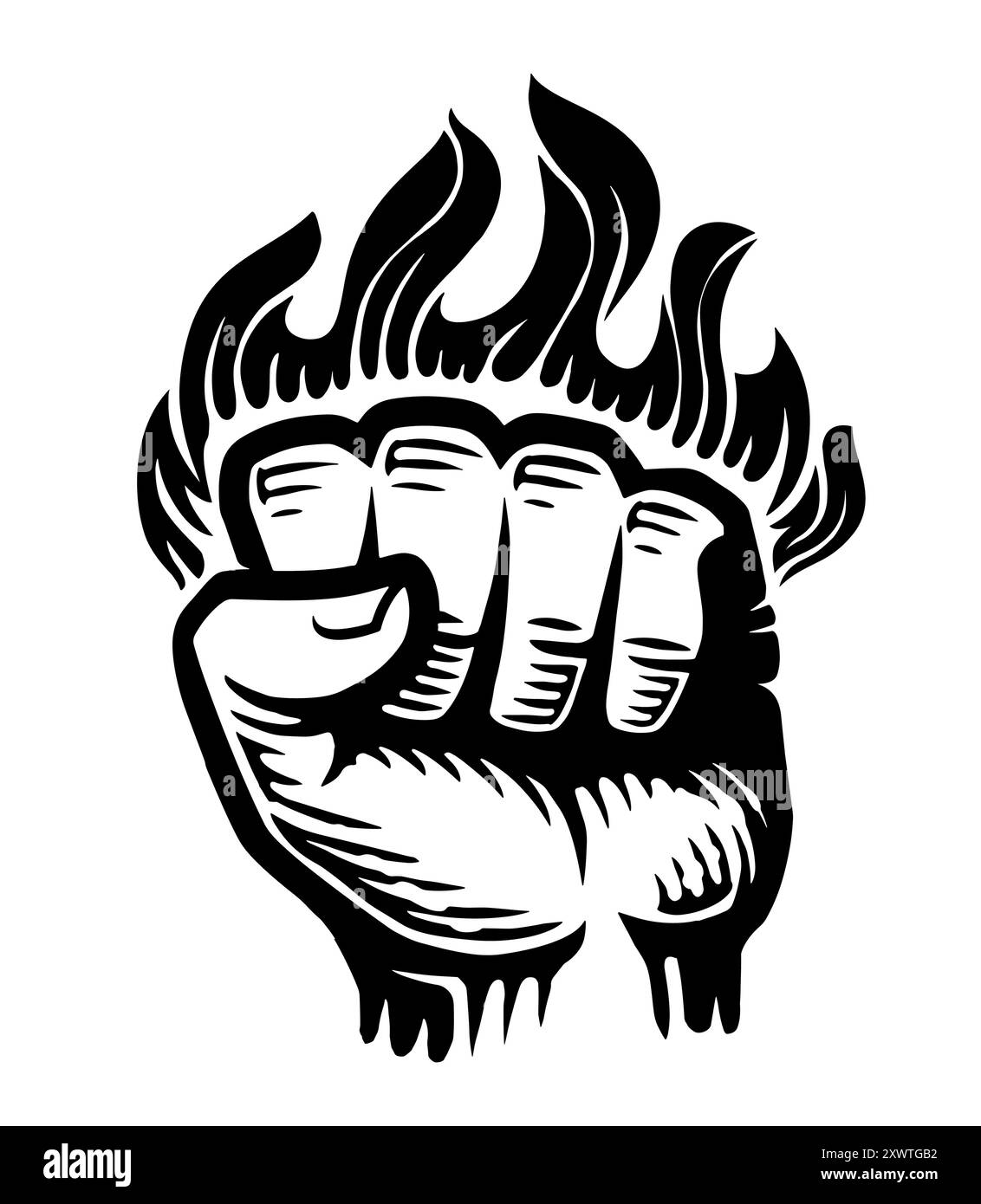Flaming fiery fist emblem. Strong punch symbol. Hand drawn black and ...