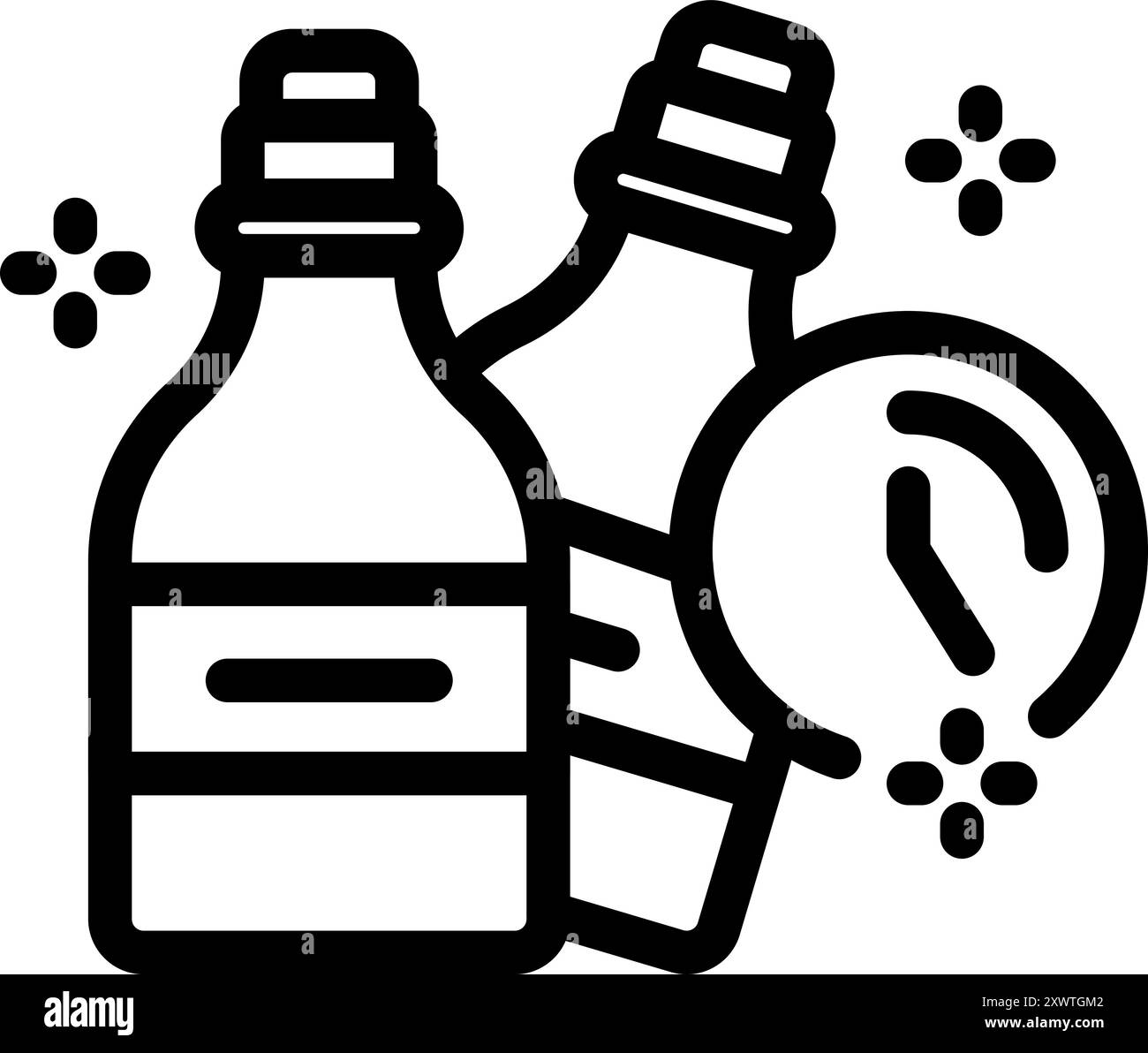 Line art vector icon of a clock showing five o'clock near two beer ...