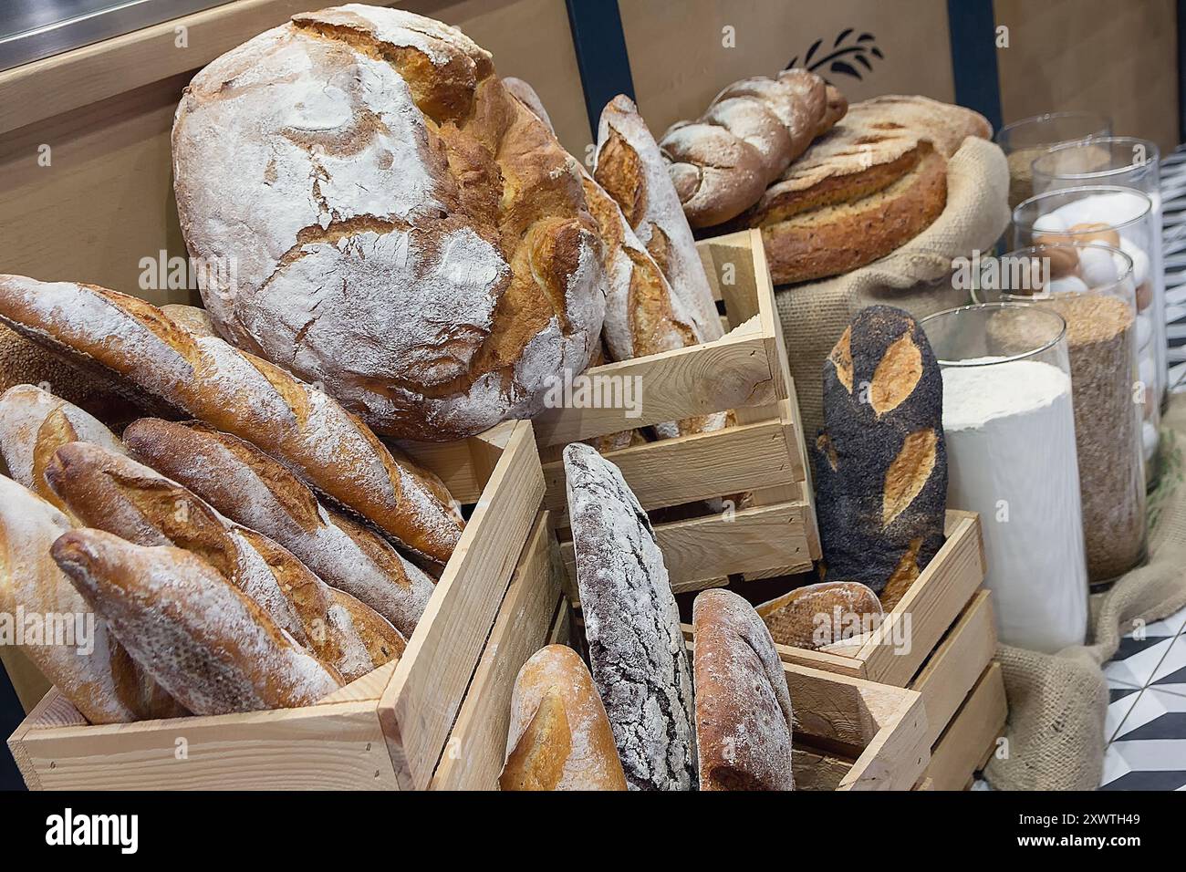 Delicious fresh bread on the bakery counter. Food Stock Photo - Alamy