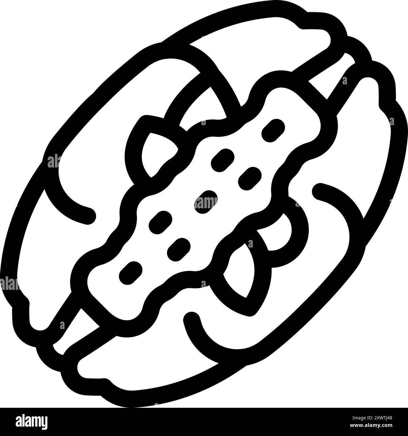 Simple line art drawing of a hot dog in a bun with mustard, relish, and ...