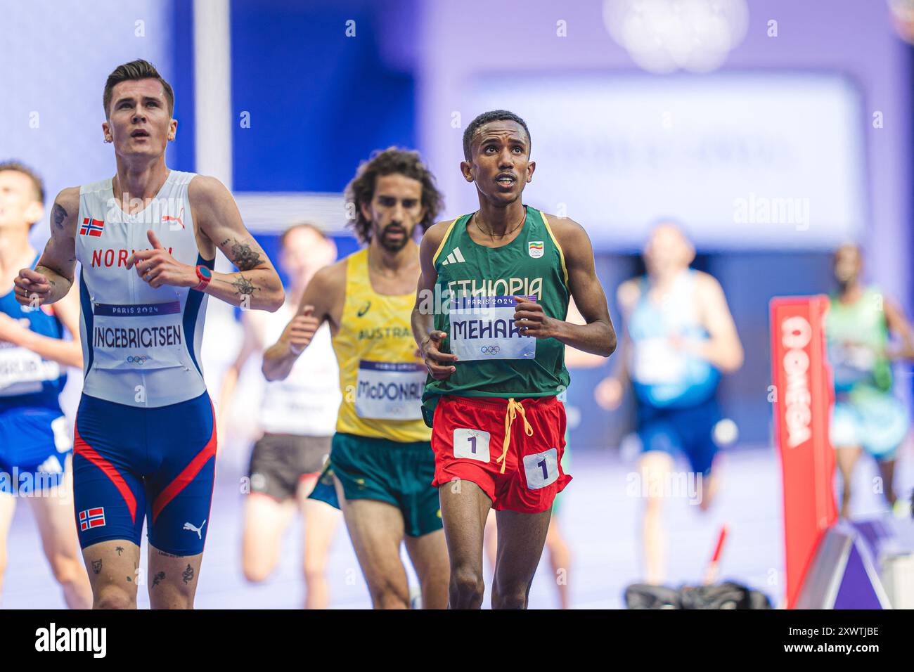 Biniam Mehary participating in the 5000 meters at the Paris 2024 ...