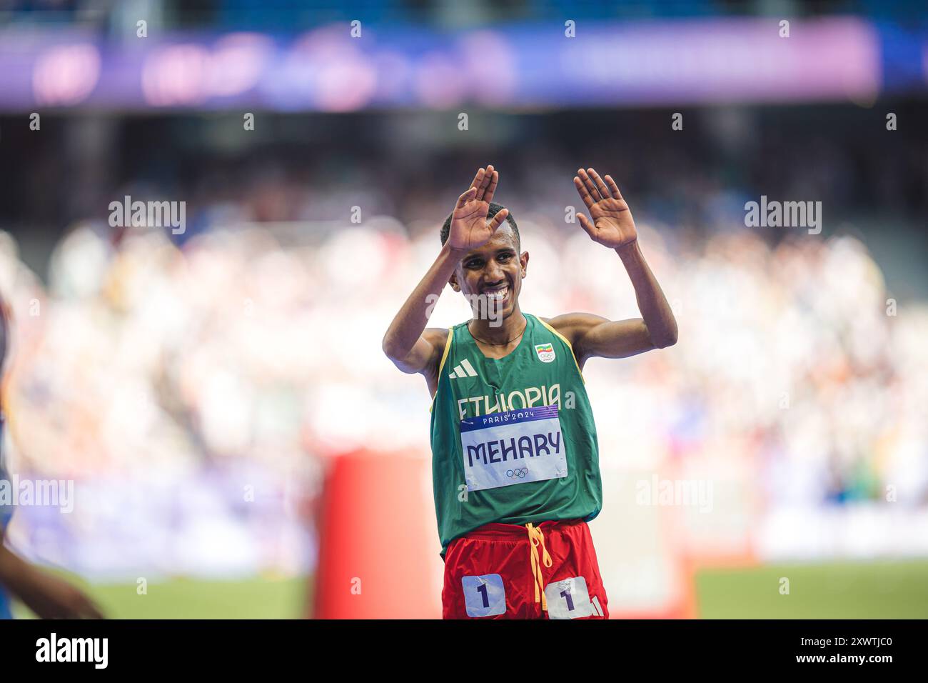 Biniam Mehary participating in the 5000 meters at the Paris 2024 ...