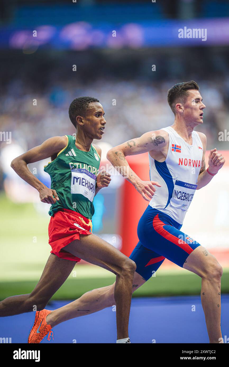 Biniam Mehary participating in the 5000 meters at the Paris 2024 ...