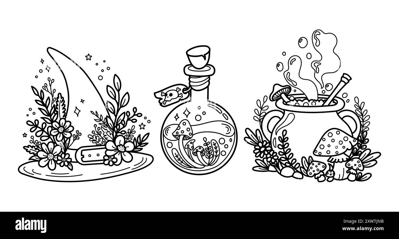 Vector illustration of a witch's hat, potion bottle, and cauldron ...
