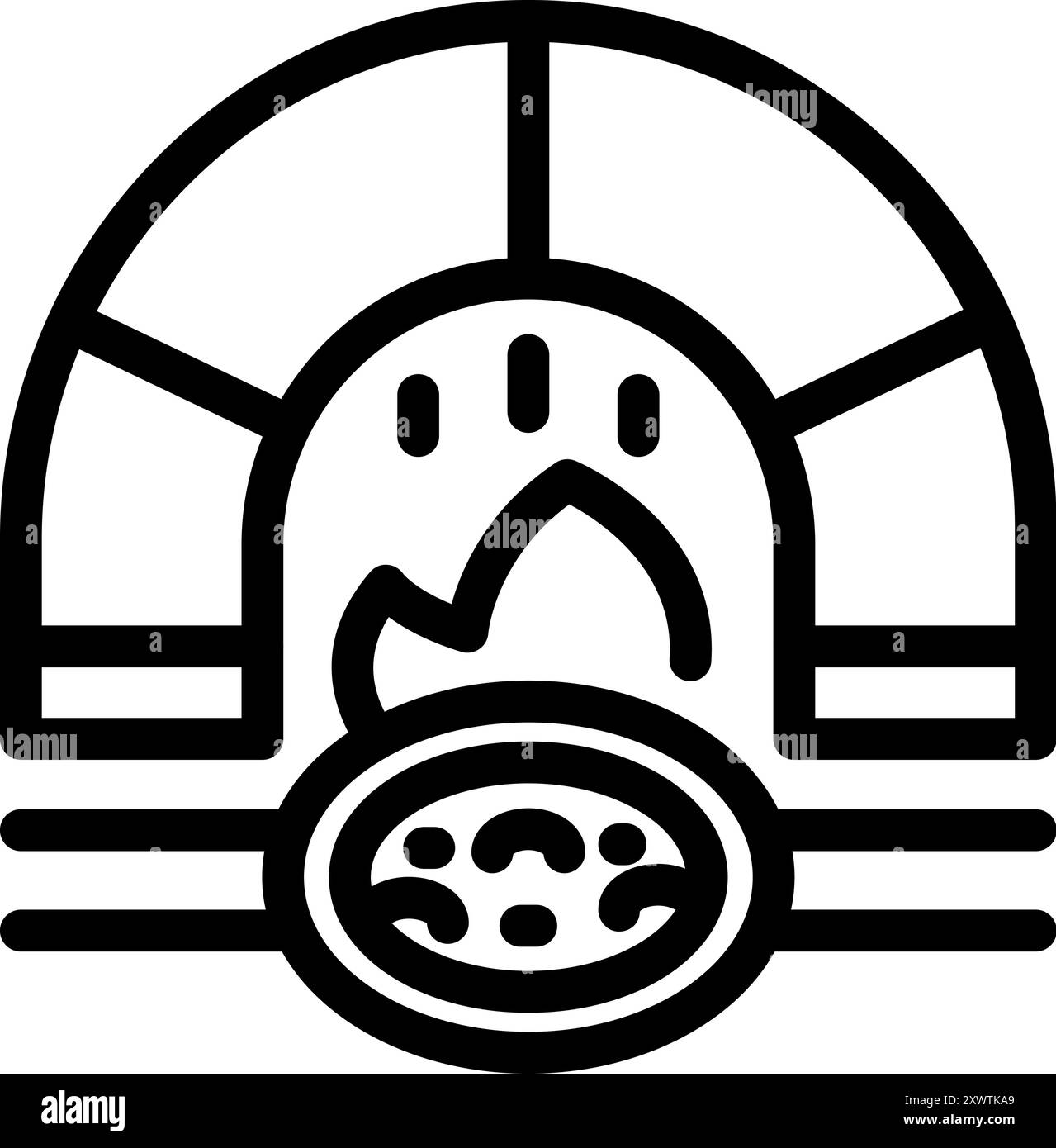 Traditional brick oven baking pizza with burning firewood inside Stock ...