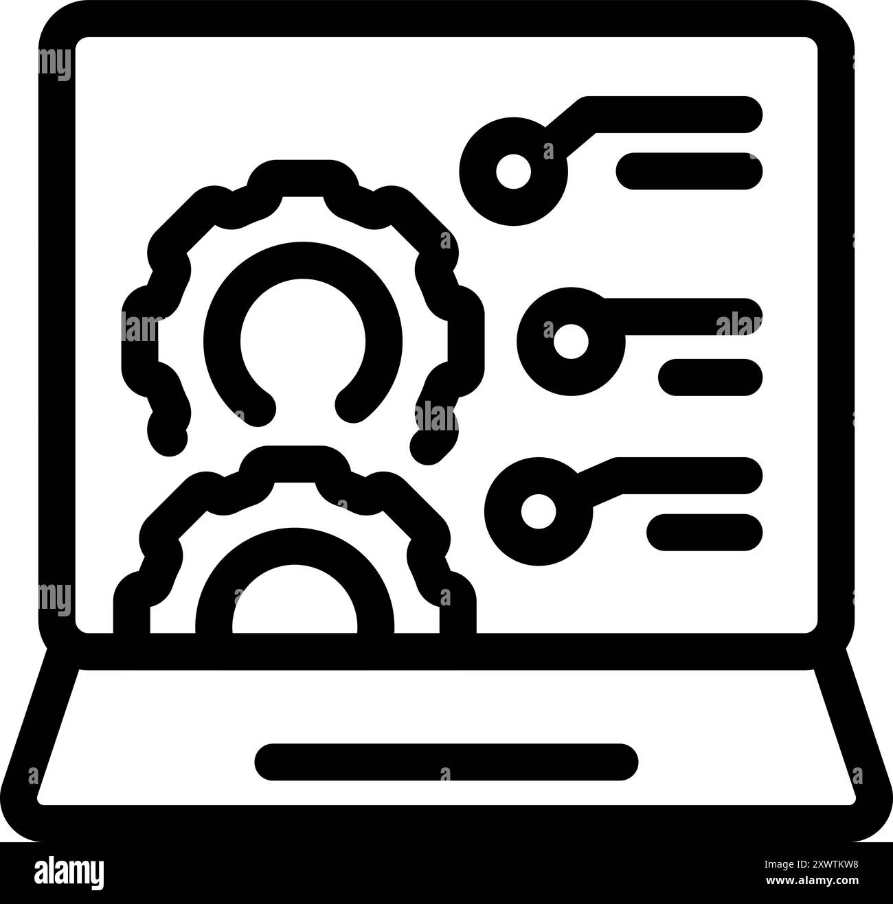 Laptop is displaying cogwheels and data, representing a software ...