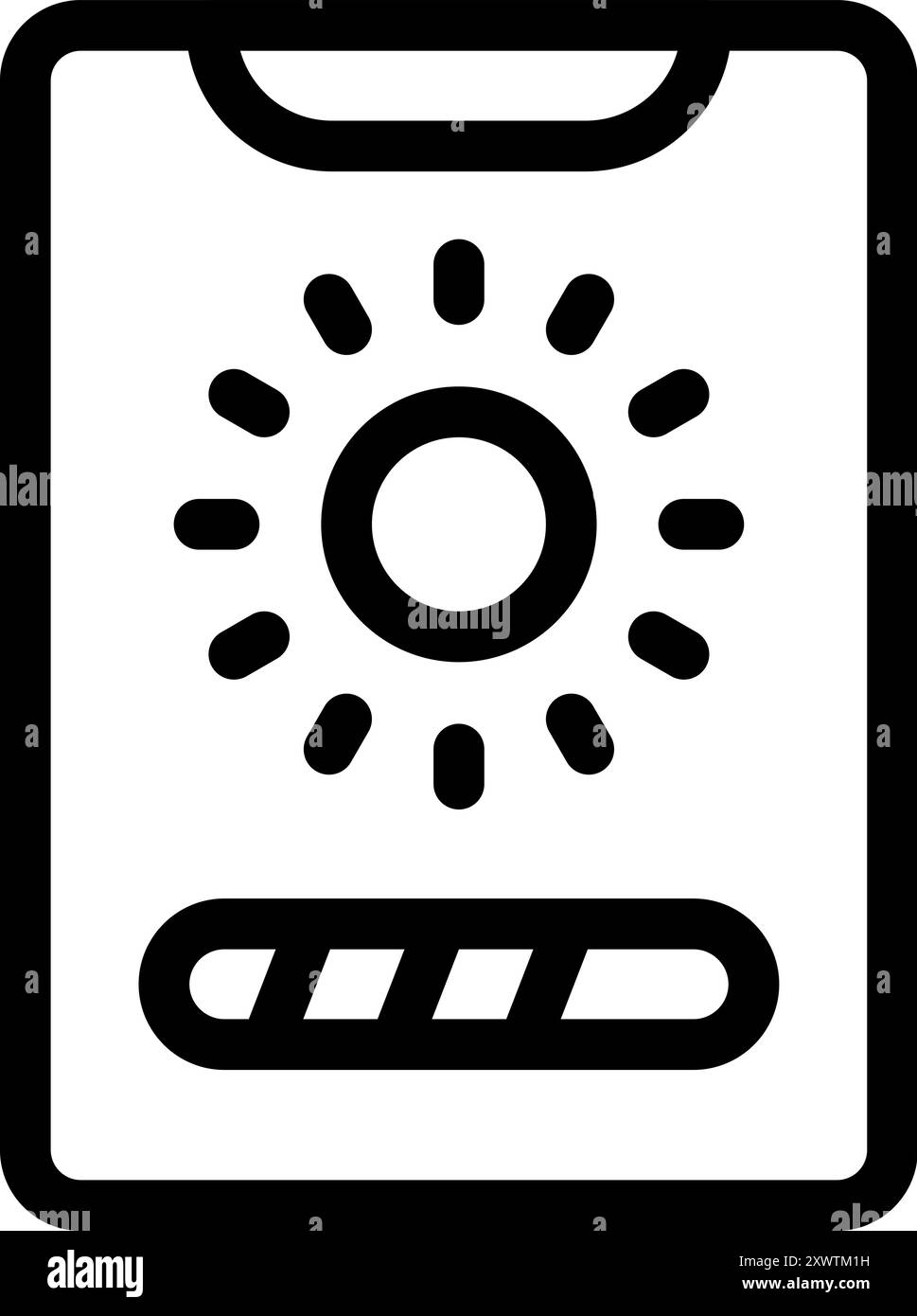 Simple, bold line icon of a smartphone displaying a sun icon and a loading bar, perfect for ...