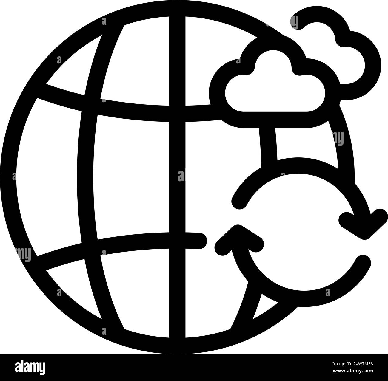 Bold icon of a globe with clouds and arrows symbolizing global cloud ...