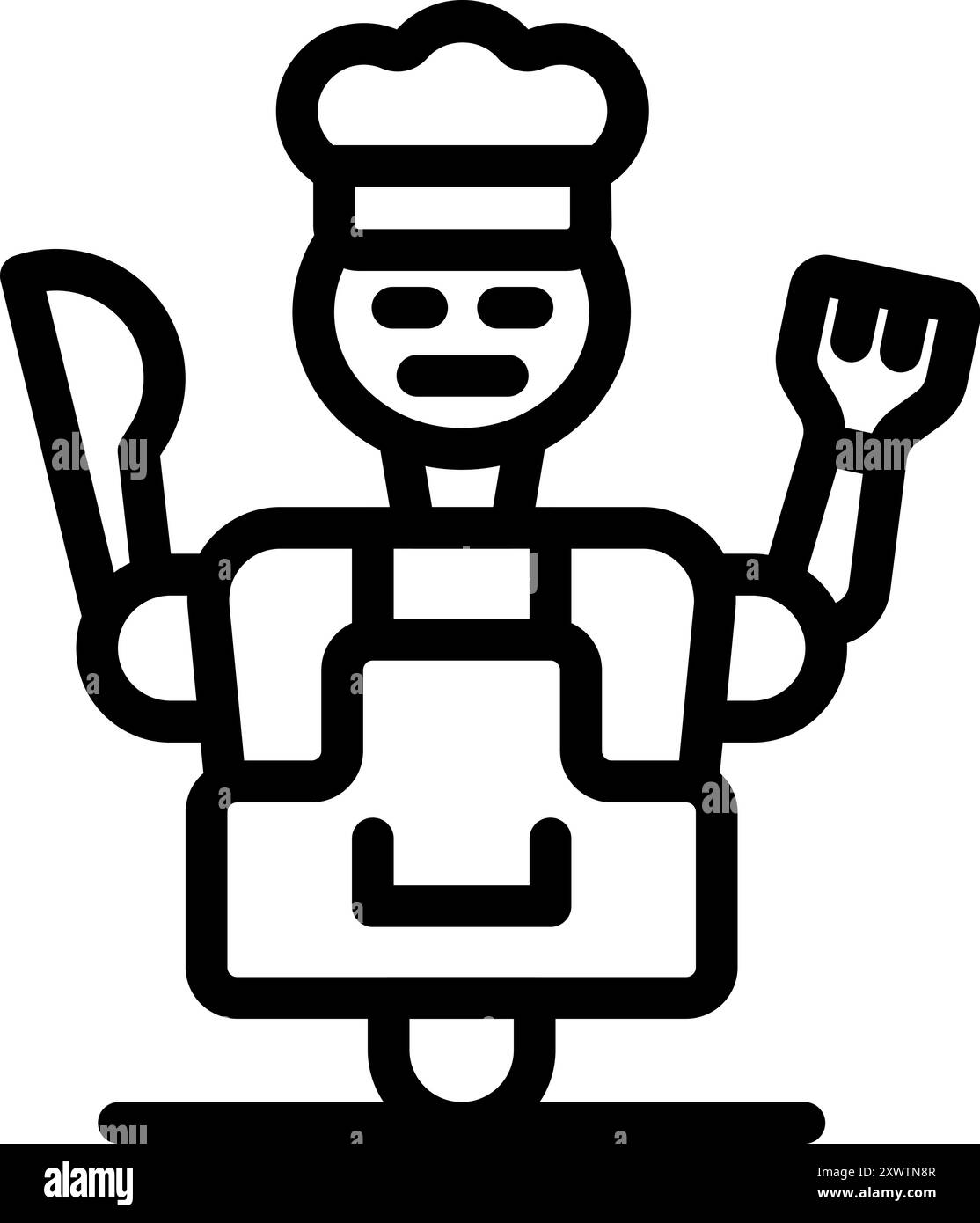 Robot chef holding a fork and a knife wearing an apron, in a simple ...