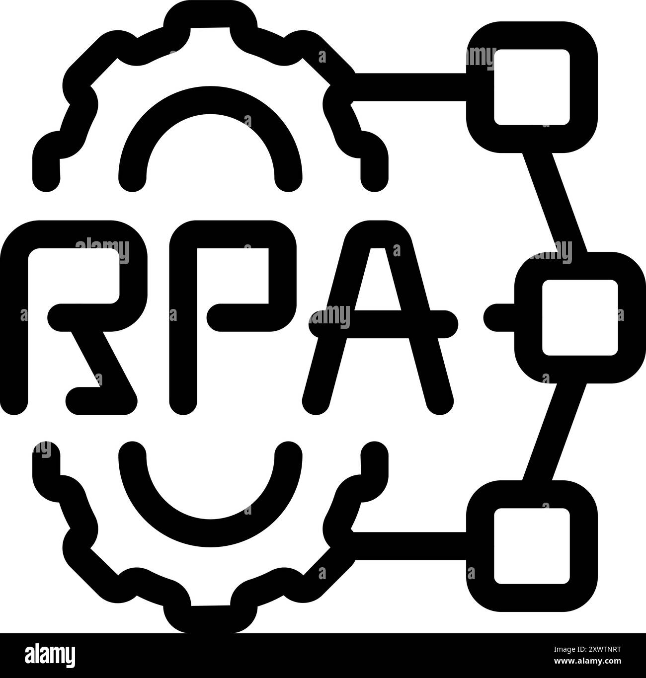 Line art vector icon of the acronym rpa for robotic process automation, with a gear and process ...