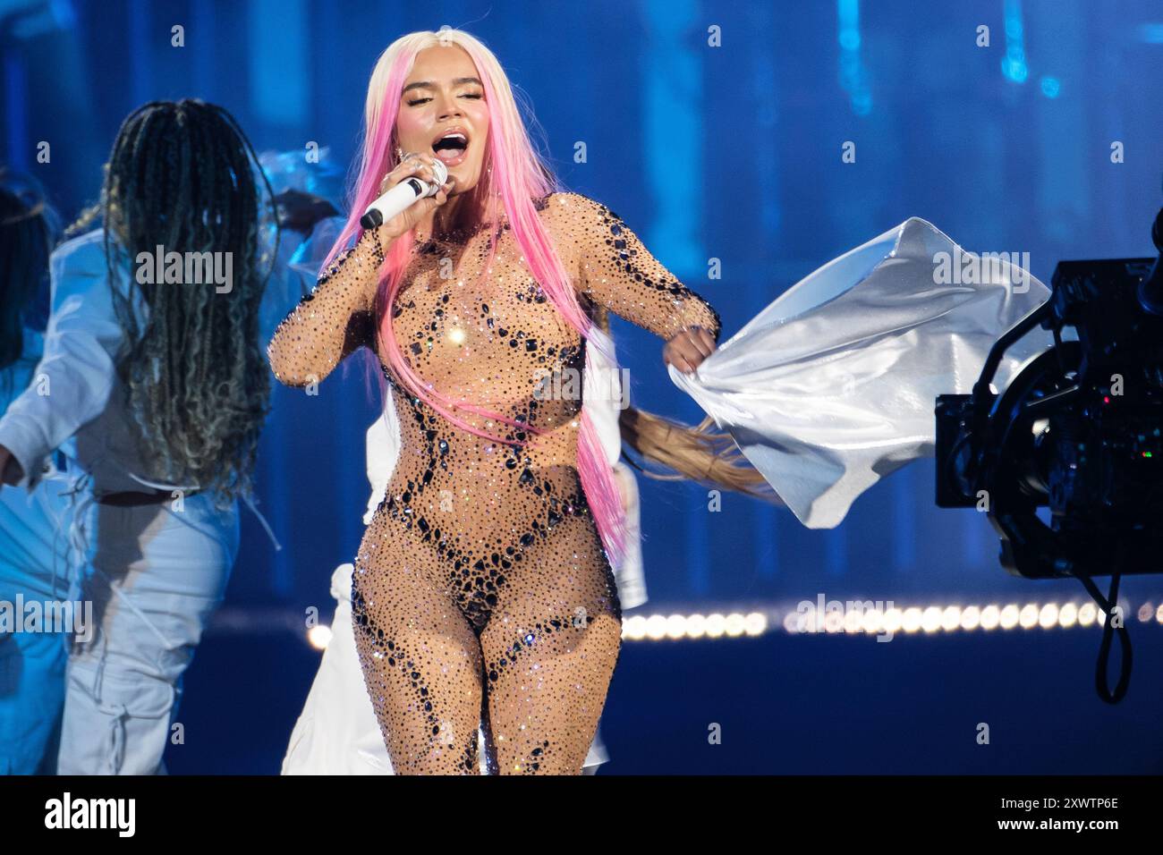 The singer Karol G during a performance at the Santiago Bernabeu, on July 20, 2024, in Madrid ...