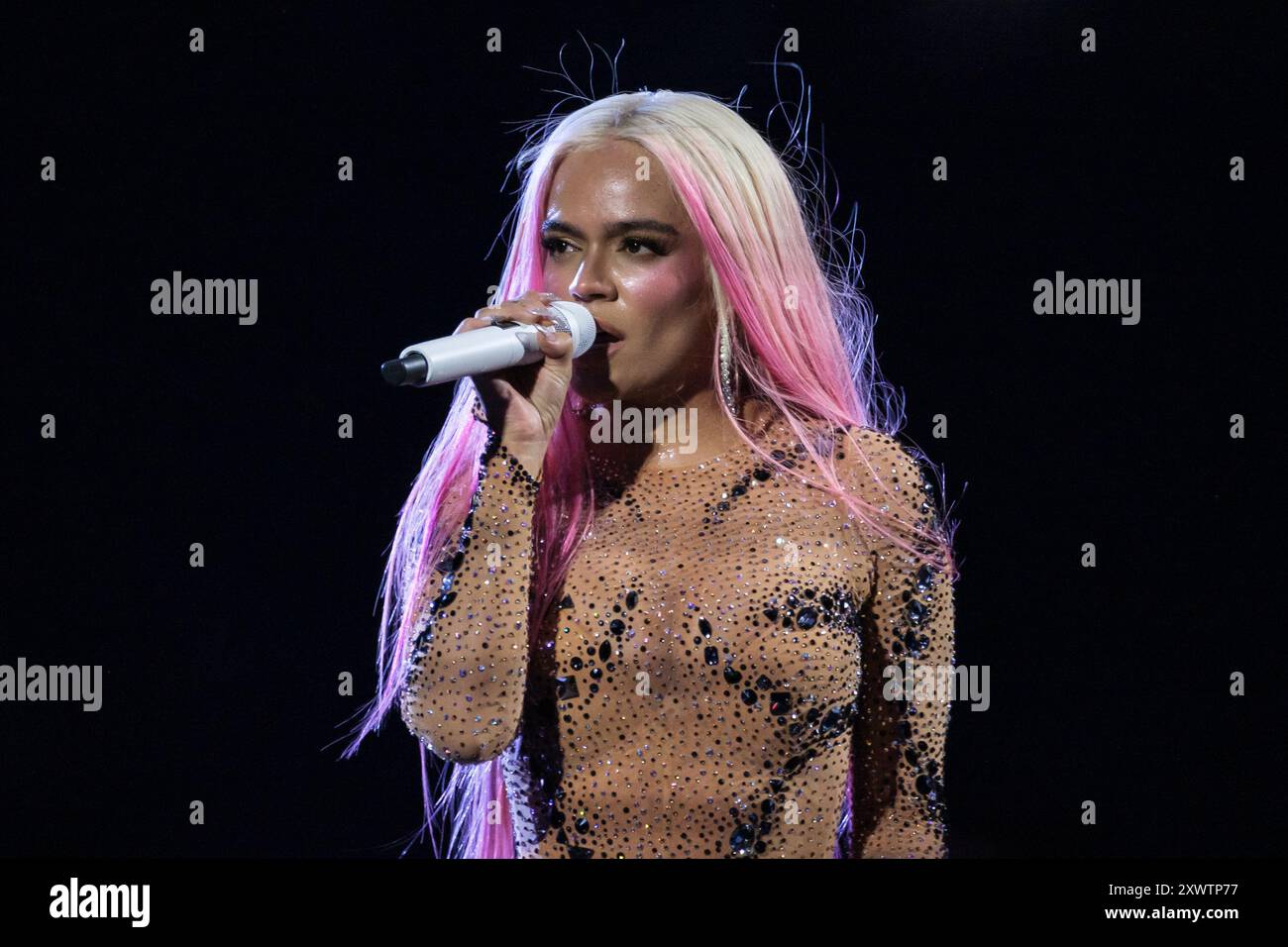 The singer Karol G during a performance at the Santiago Bernabeu, on ...
