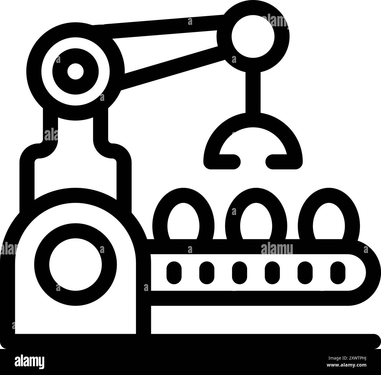 Icon of a robotic arm moving eggs on a conveyor belt, depicting ...