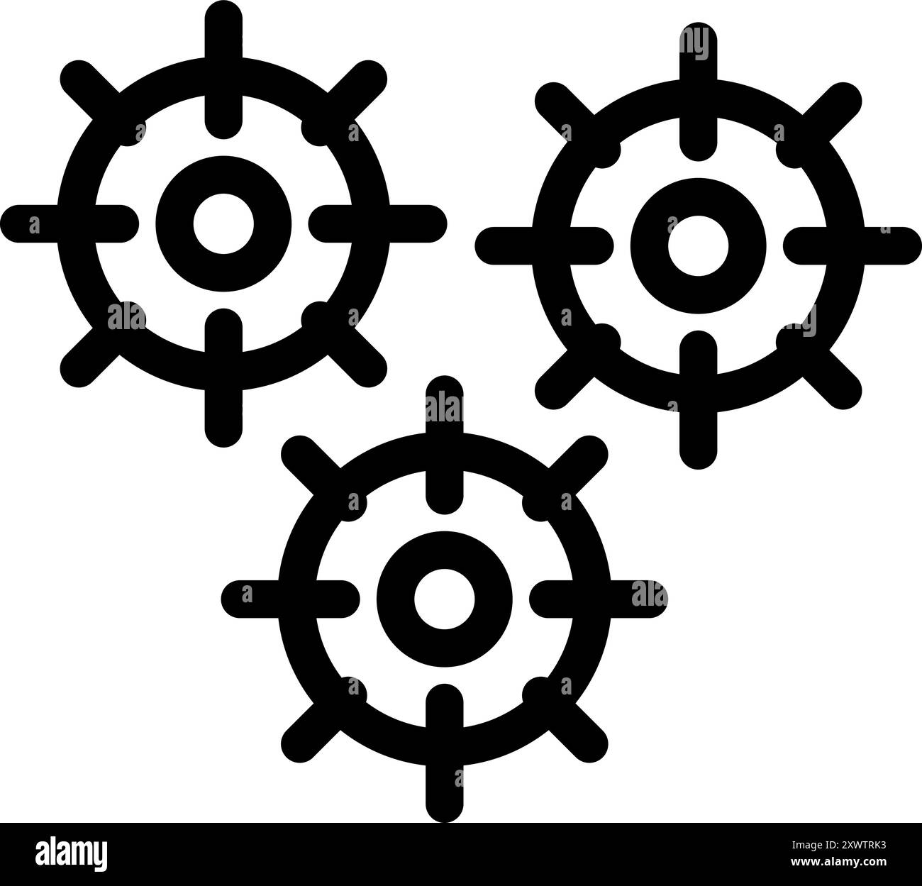 Three black cogwheels are interlocking, representing a teamwork concept ...