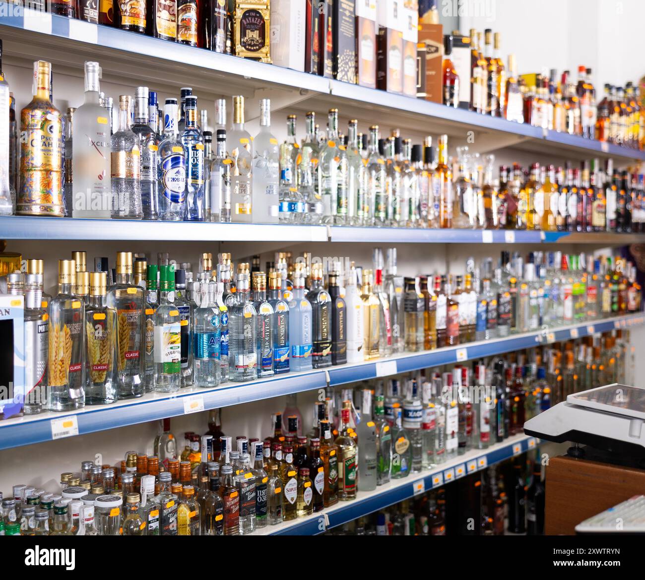 Russian goods store shelves have wide range of strong alcoholic drink ...