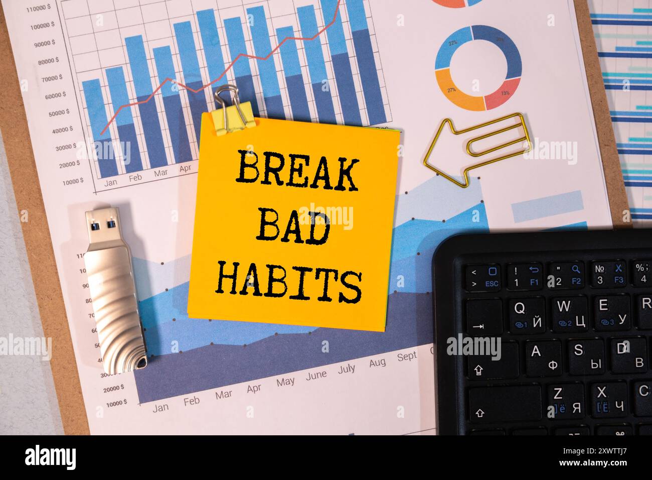Break bad habits symbol. Words 'Break bad habits' appearing behind torn ...
