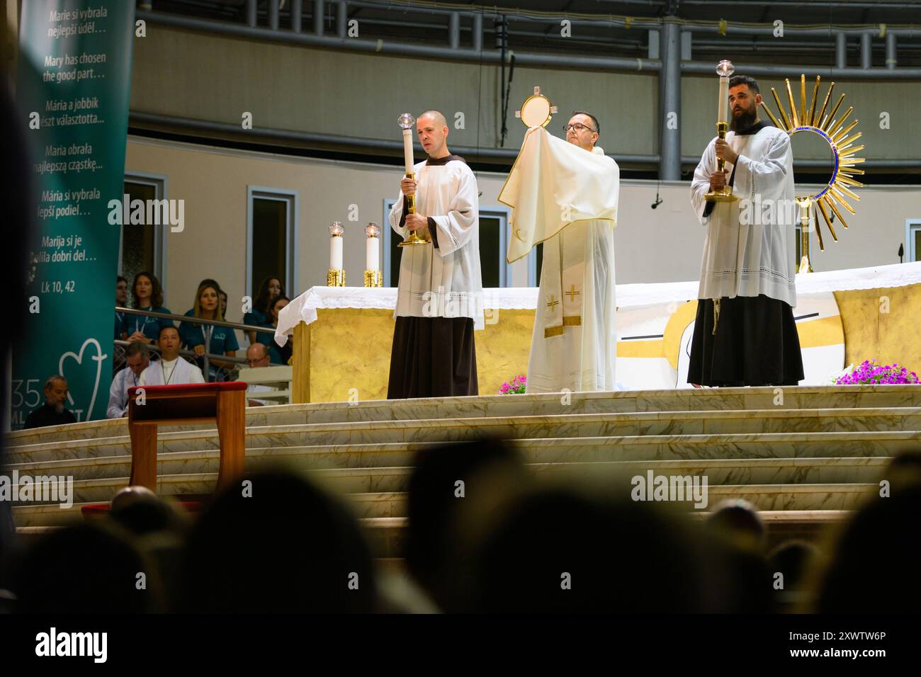 A priest blessing the faithful with the Blessed Sacrament at the ...