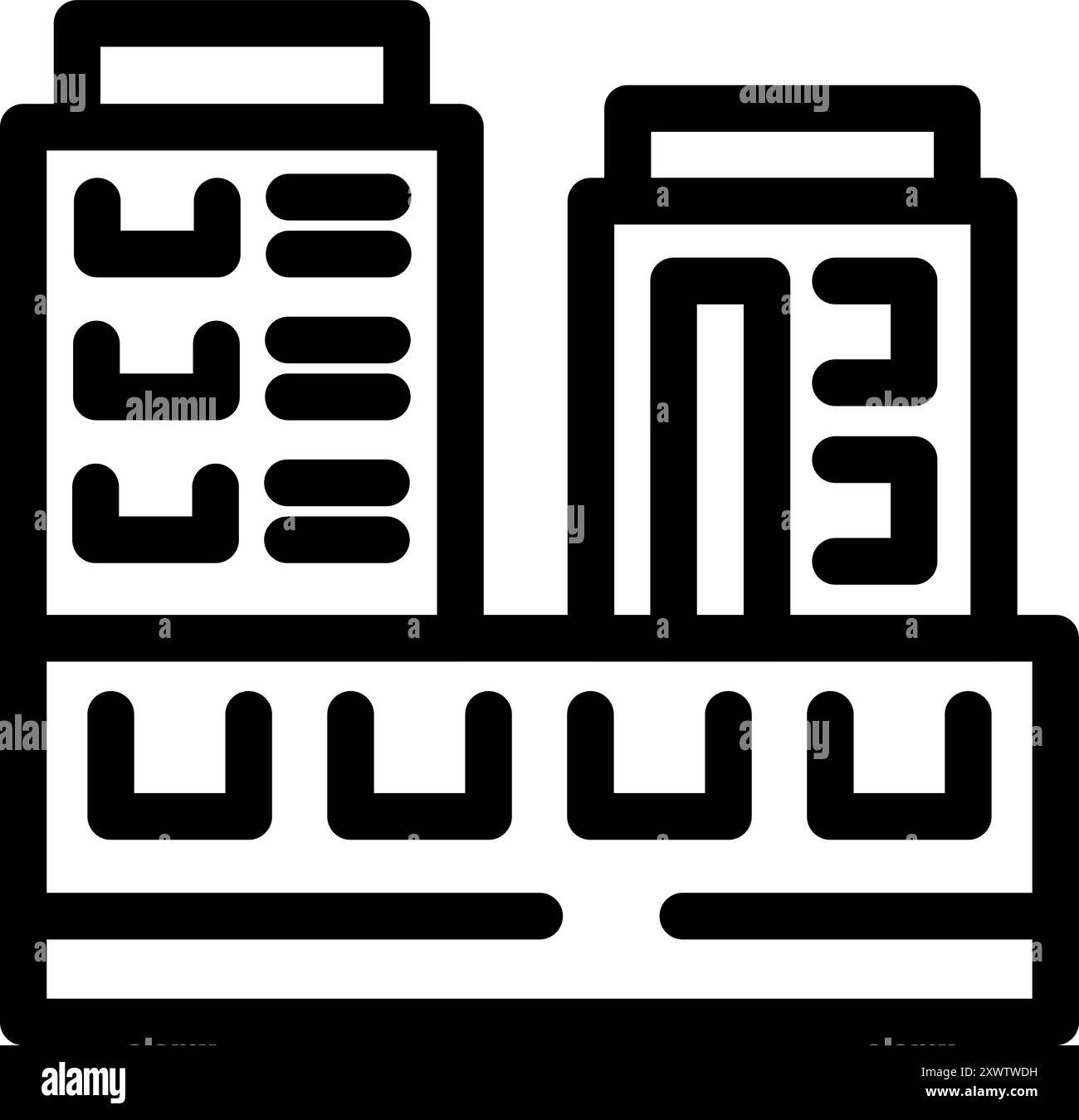 Simple black and white line art icon depicting two buildings ...