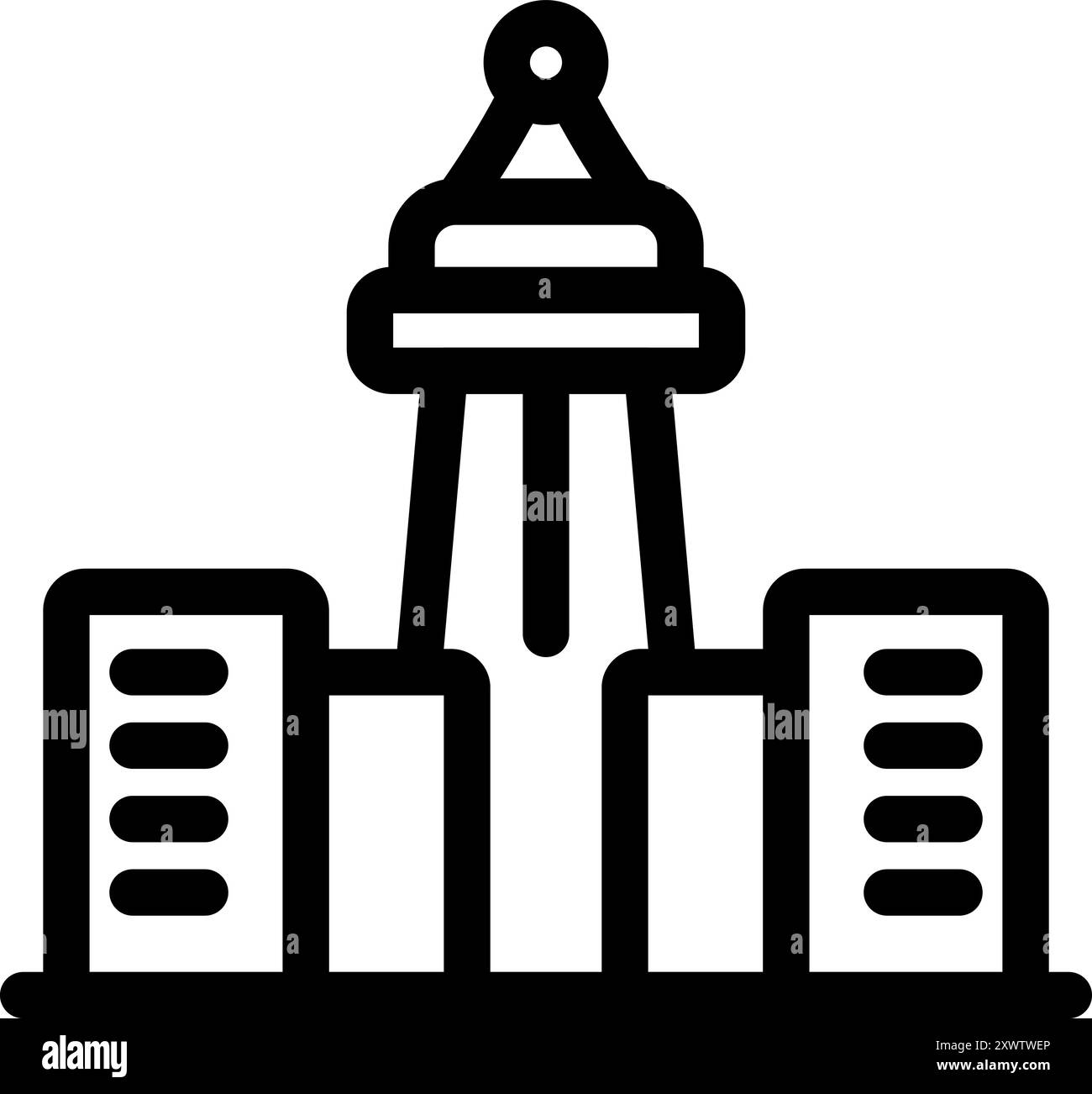 Simple bold line art icon of a radio tower broadcasting over a city ...
