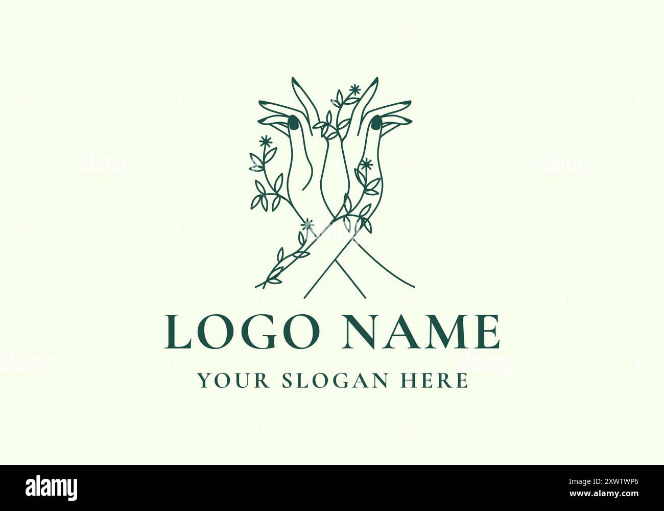 Logo line two hands cross with vines flowers. Logo botanical, floral ...
