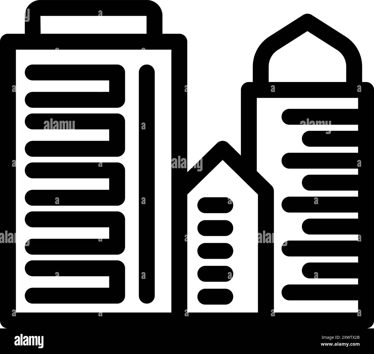 Simple black and white vector icon representing a cityscape with ...