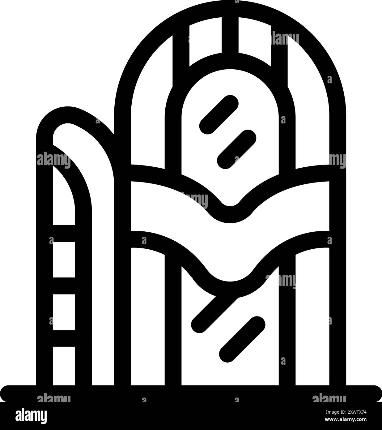 Waterpark slide standing next to building with arched window line icon ...