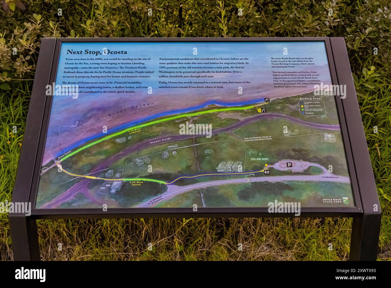Interpretive sign with current map and historical locations of Ocosta ...