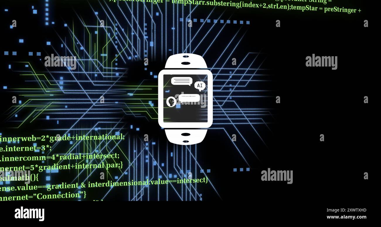 Image of ai data processing over smartwatch screen and computer circuit board Stock Photo - Alamy