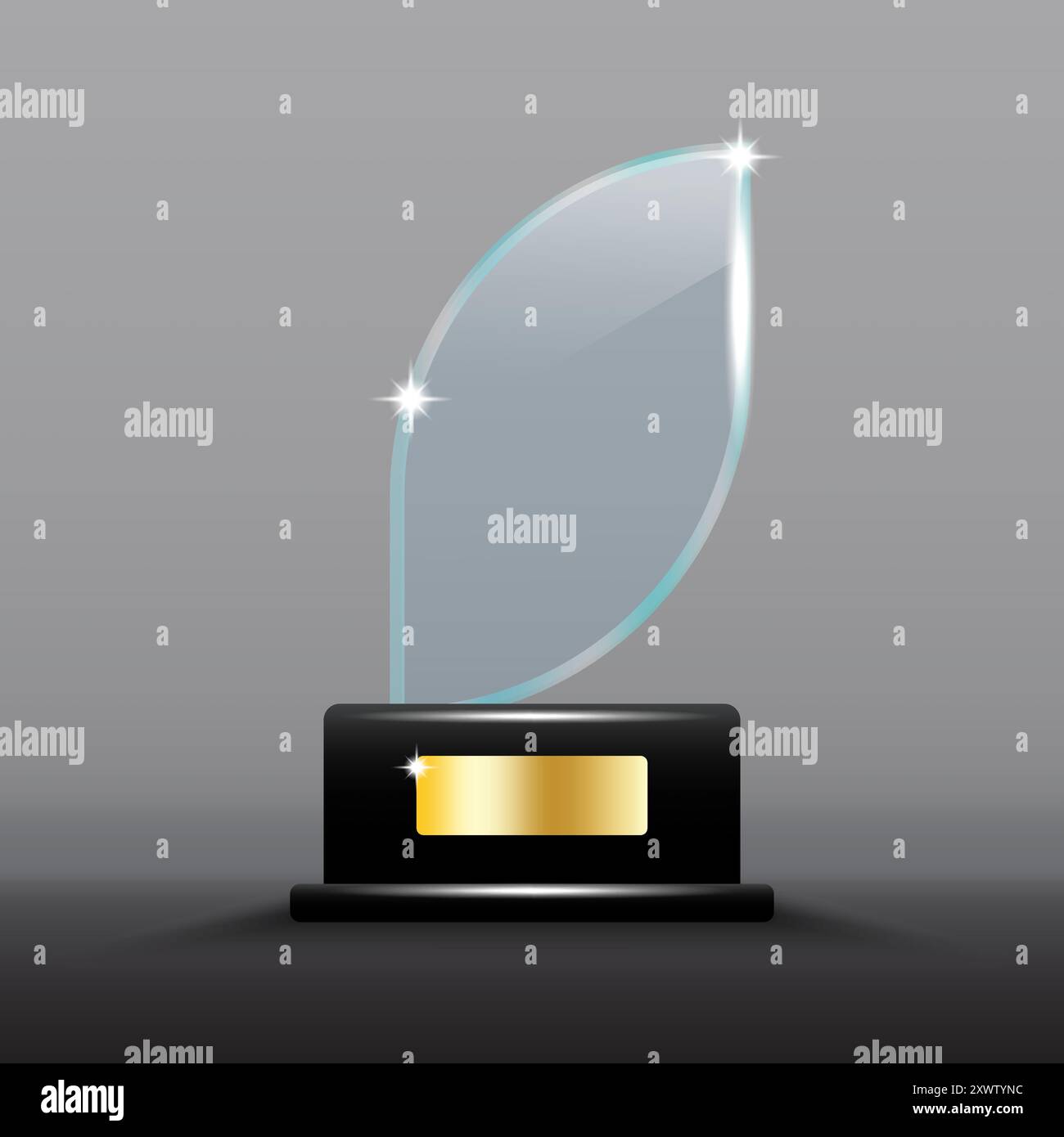 Glass leaf trophy. Elegant crystal shape. Black base with gold plate ...