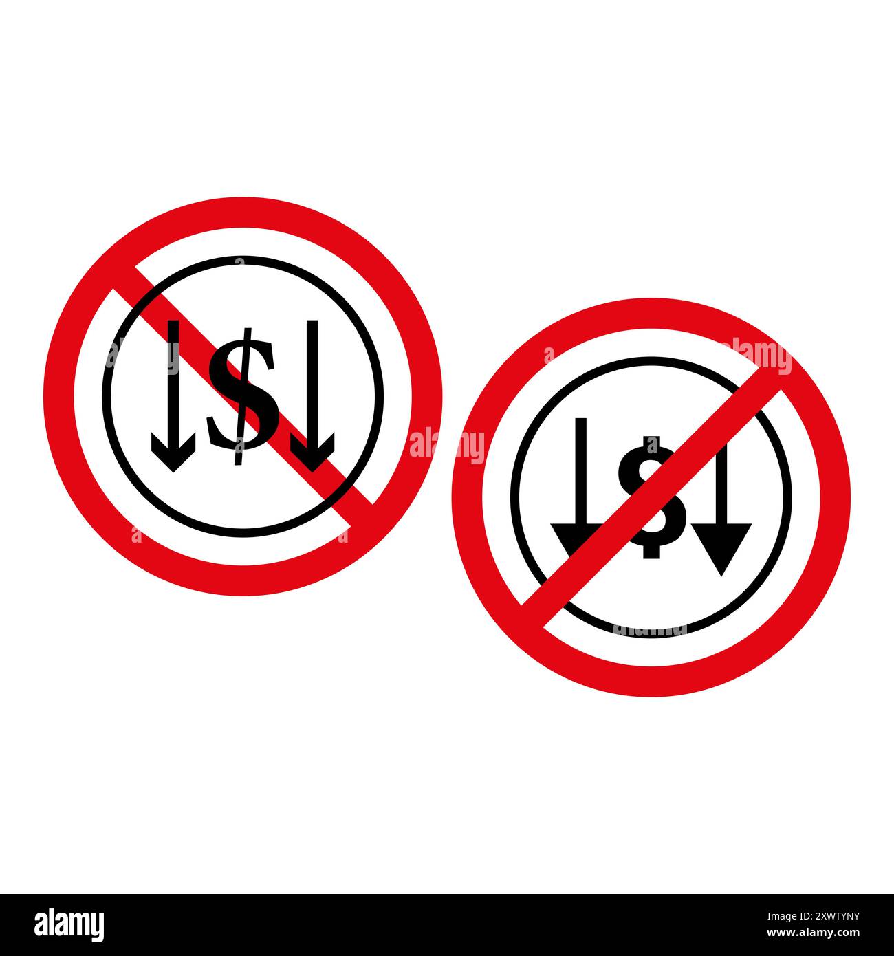 Prohibited dollar sign. Decrease value icon. Red warning symbol ...