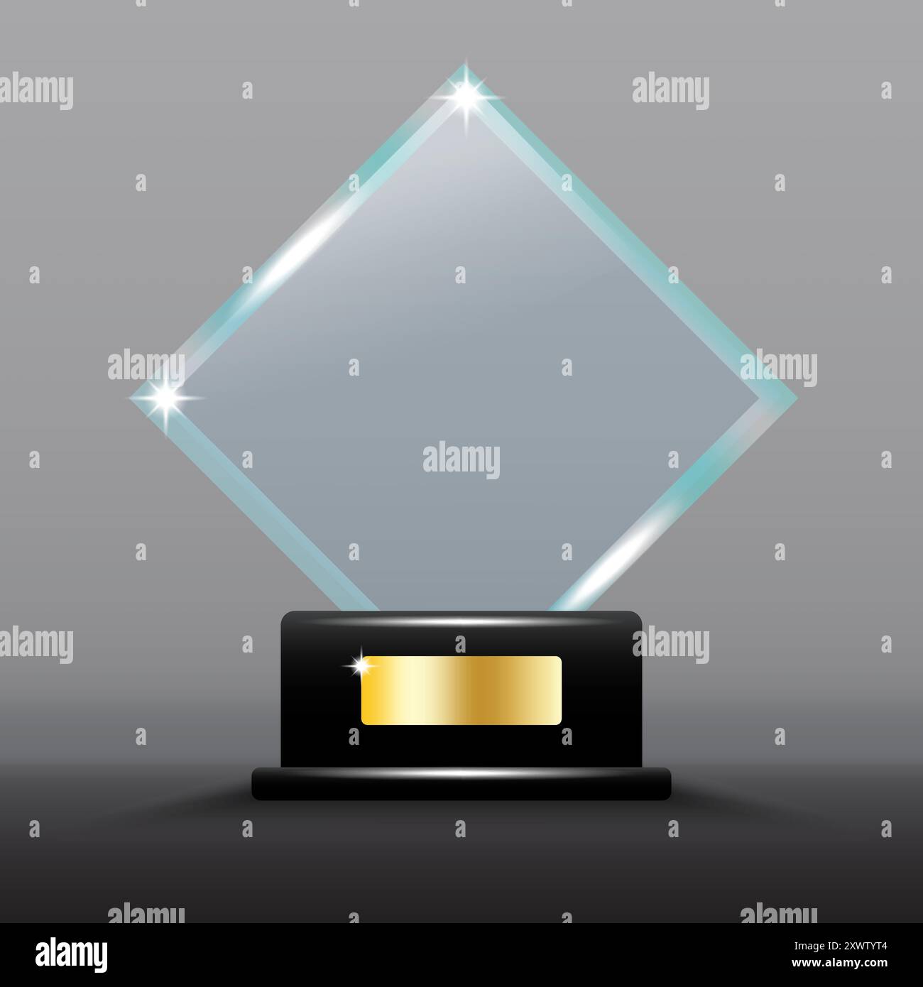 Glass trophy award. Black base with gold plate. Shiny diamond shape ...