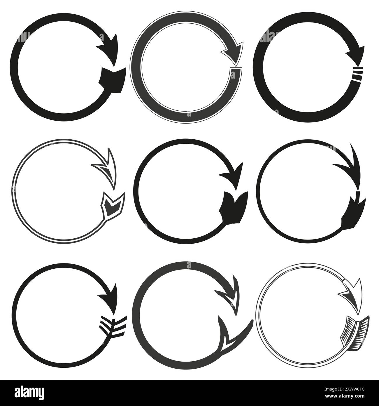 Circular arrow frame set. Nine different arrow circles. Black and white ...
