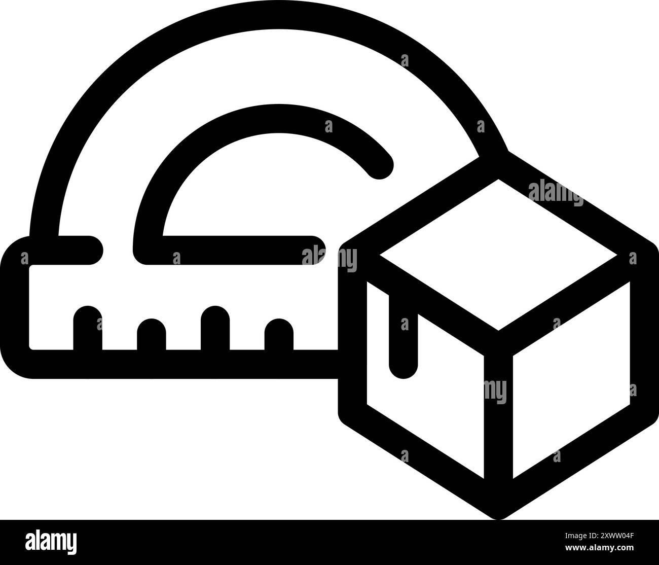 Simple black and white line art icon of a protractor measuring a cube ...