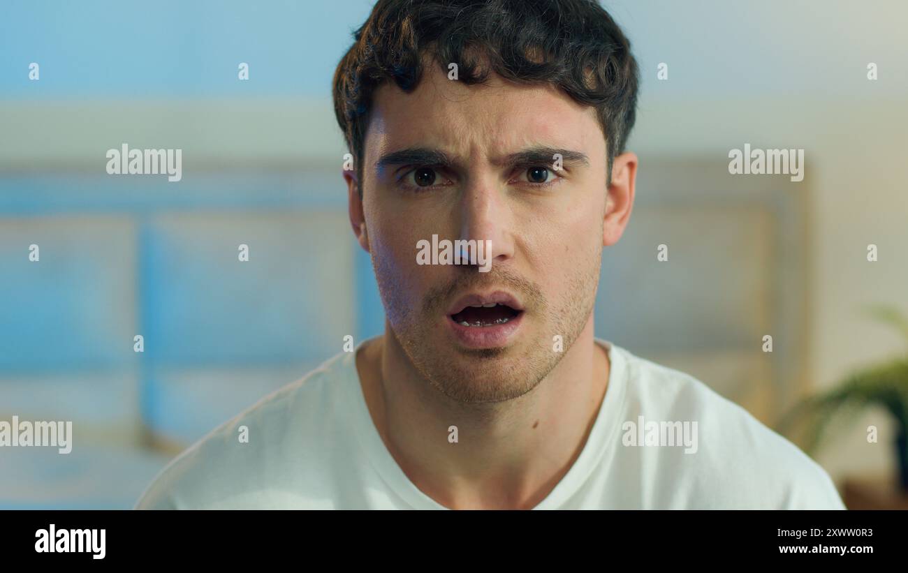 Close up face young Caucasian European man disgust misunderstanding ...