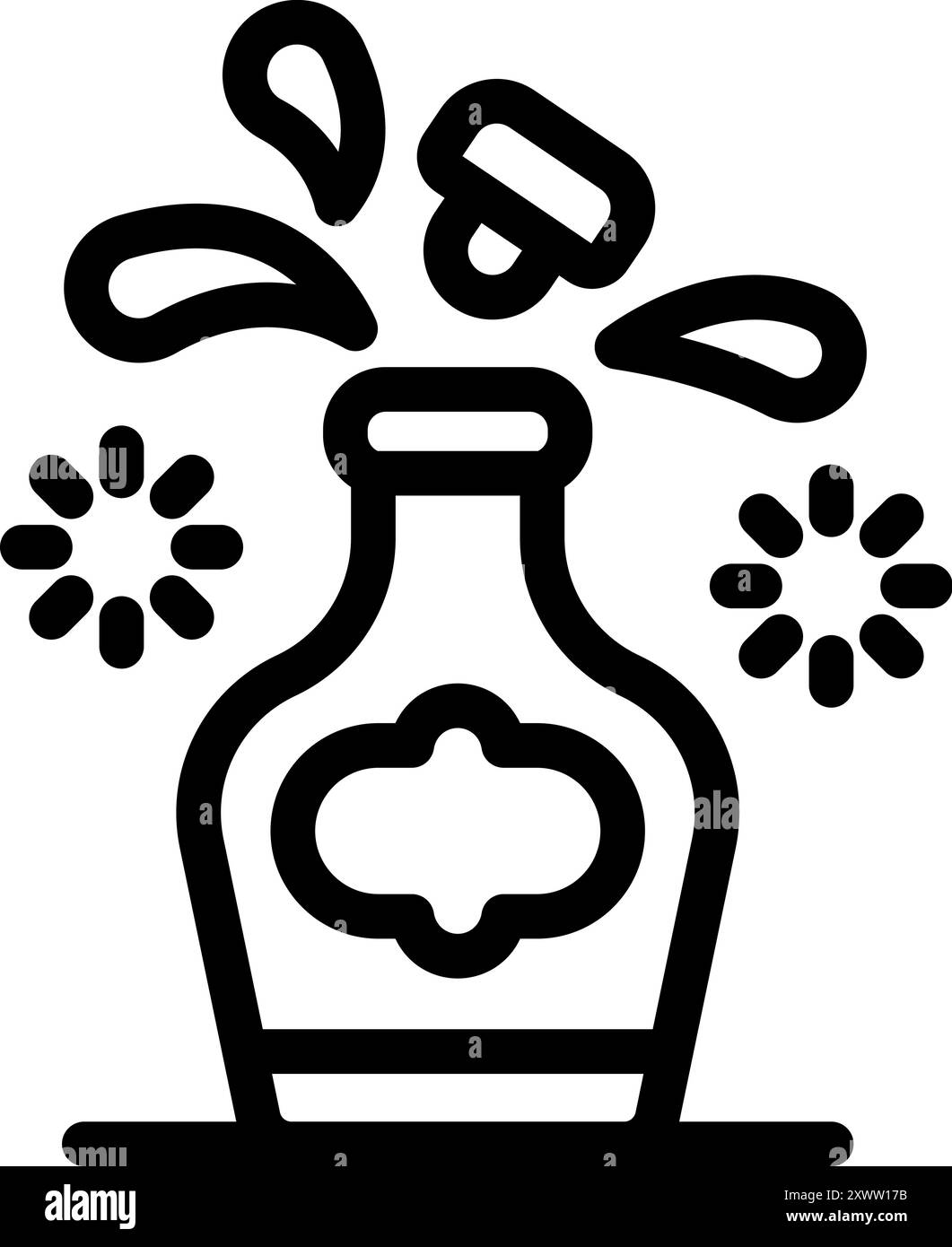 Line drawing of a champagne bottle with the cork flying out and liquid ...