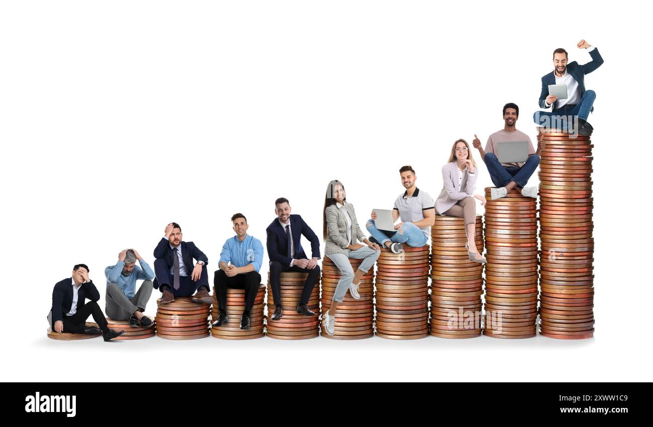 People sitting on stacks of coins of different height against white ...