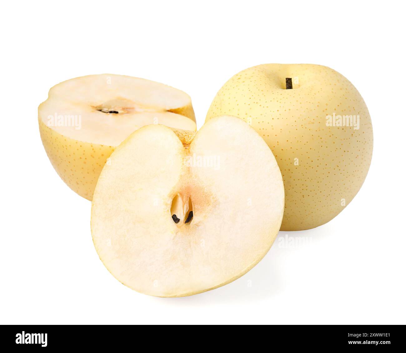 Whole and cut fresh apple pears isolated on white Stock Photo - Alamy