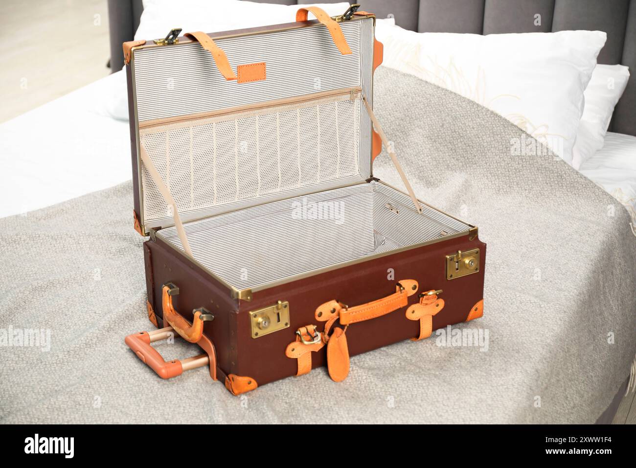 Open empty suitcase for travelling on bed indoors Stock Photo - Alamy