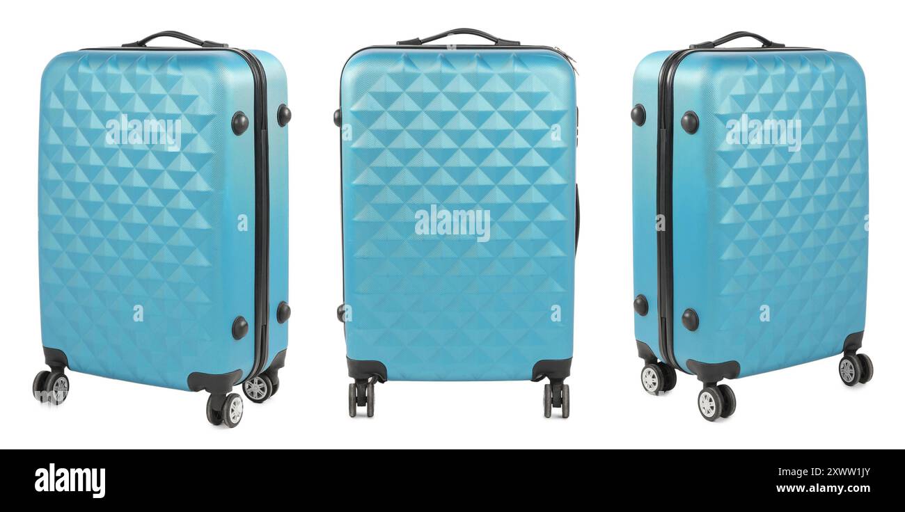 Set of light blue suitcase on white background, view from different ...