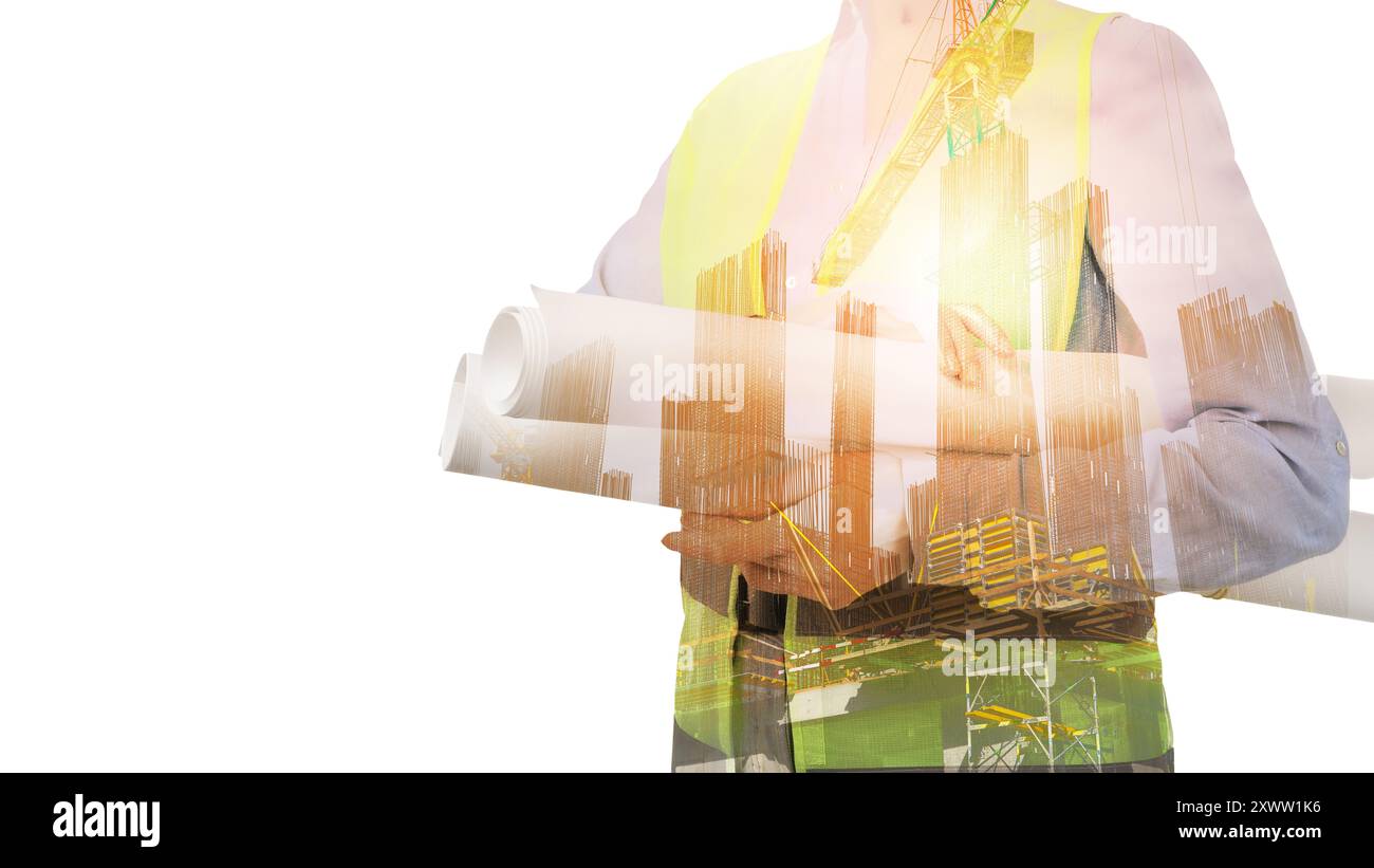 Engineer and unfinished building on white background, double exposure ...