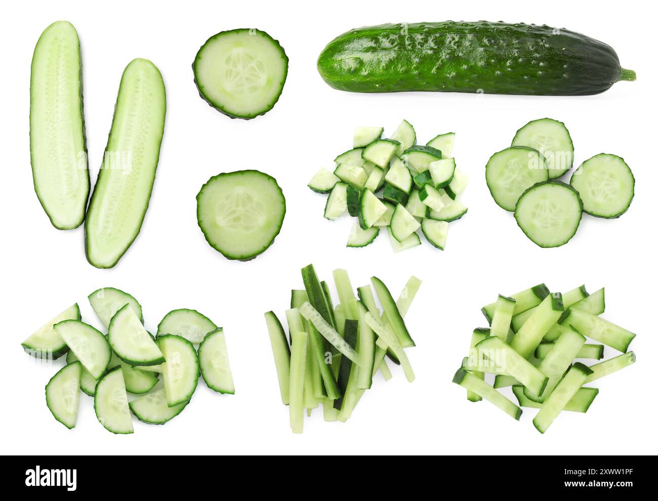 Fresh cucumbers isolated on white, collage. Different types of cuts ...