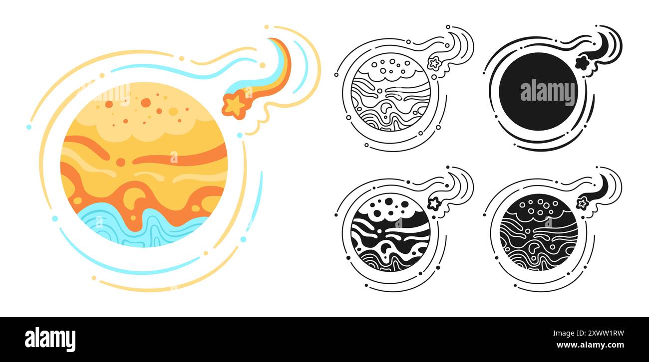 Fantasy Planet with meteor cartoon set for children. Fantastic cosmos ...
