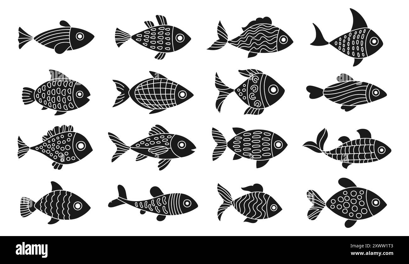 Sea fish abstract cartoon monochrome set. Stylized Scandinavian fish ...