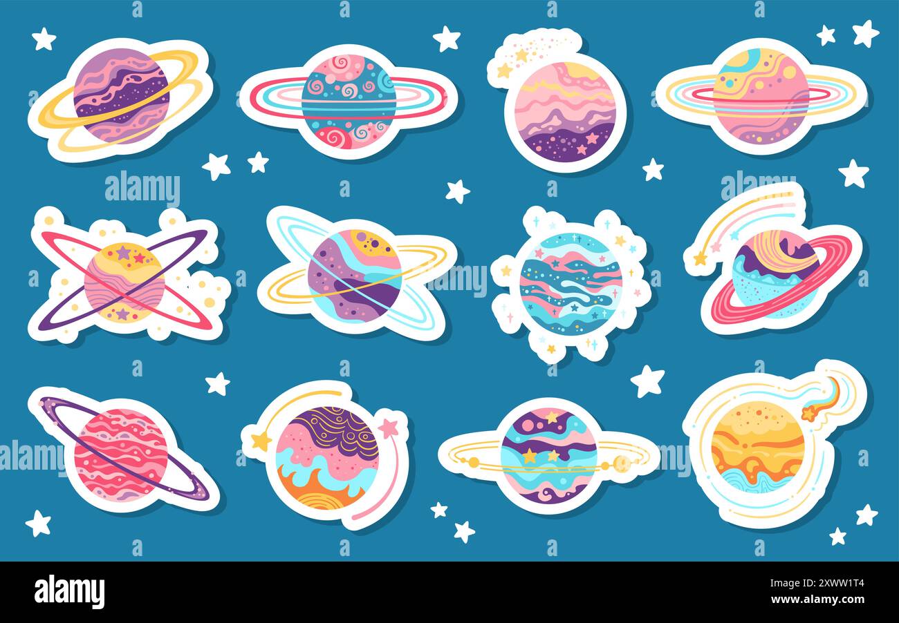 Fantasy planets children stickers for diary design. Abstract galaxy ...