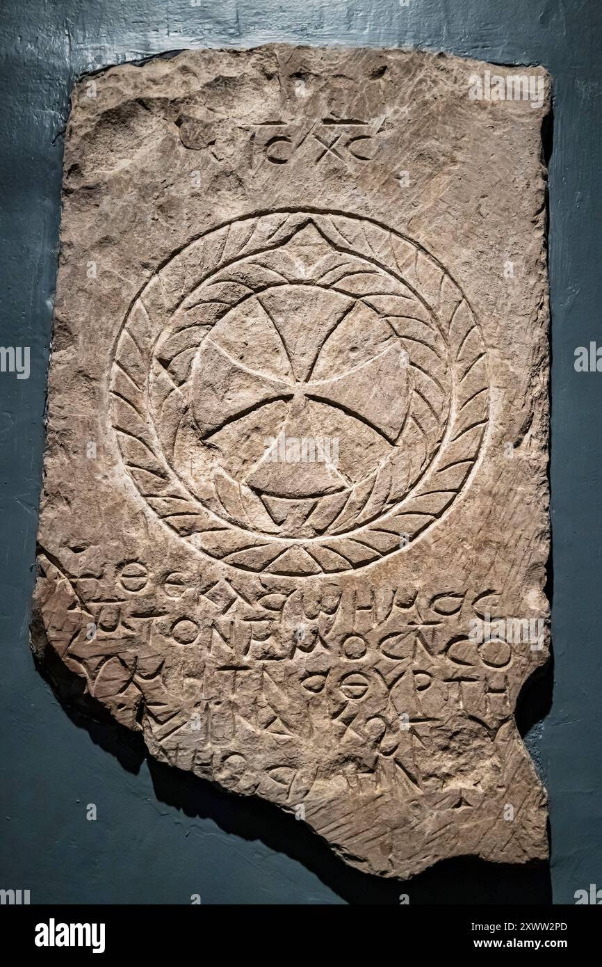 Luxor museum, Coptic tombstone with relief of Cross and Christian texts ...