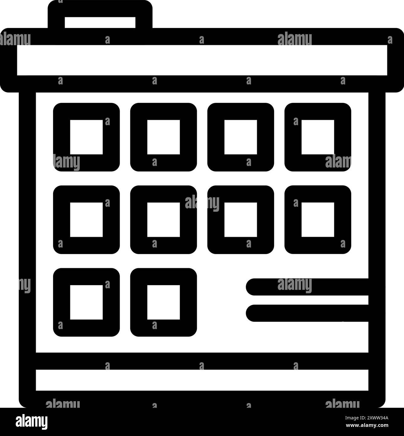 Simple black and white icon of a calendar page showing a month with ...