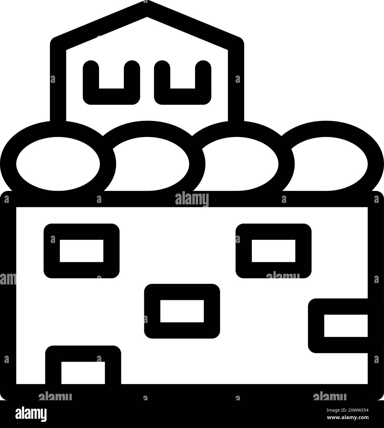 Line icon of a green building generating renewable energy with solar ...