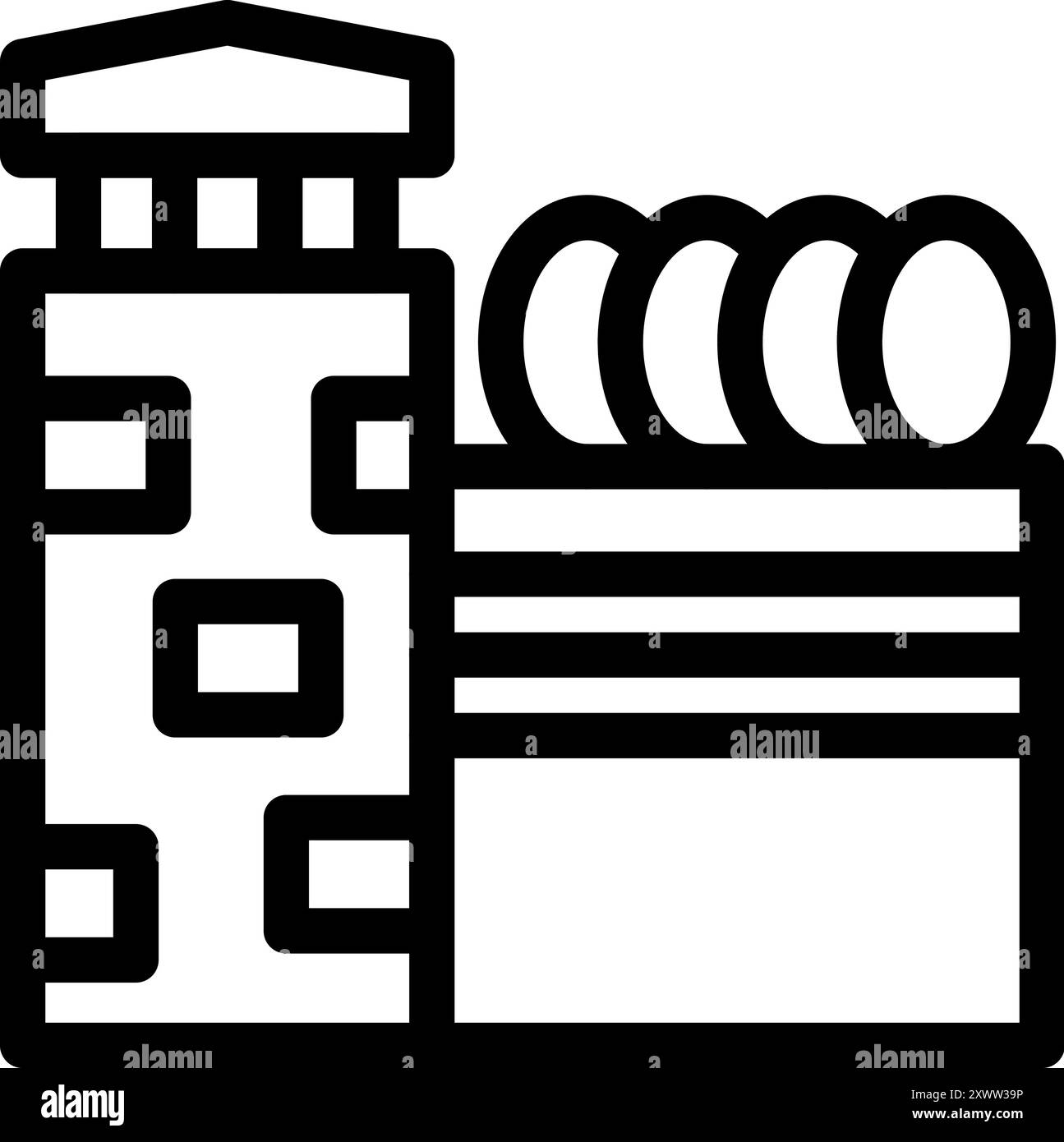 Prison building with barbed wire, guard tower, jail, detention center ...