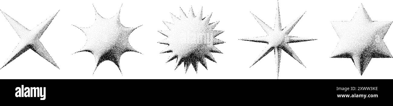 Black stippled stars collection. 3d dotted textured sparkles and flares ...